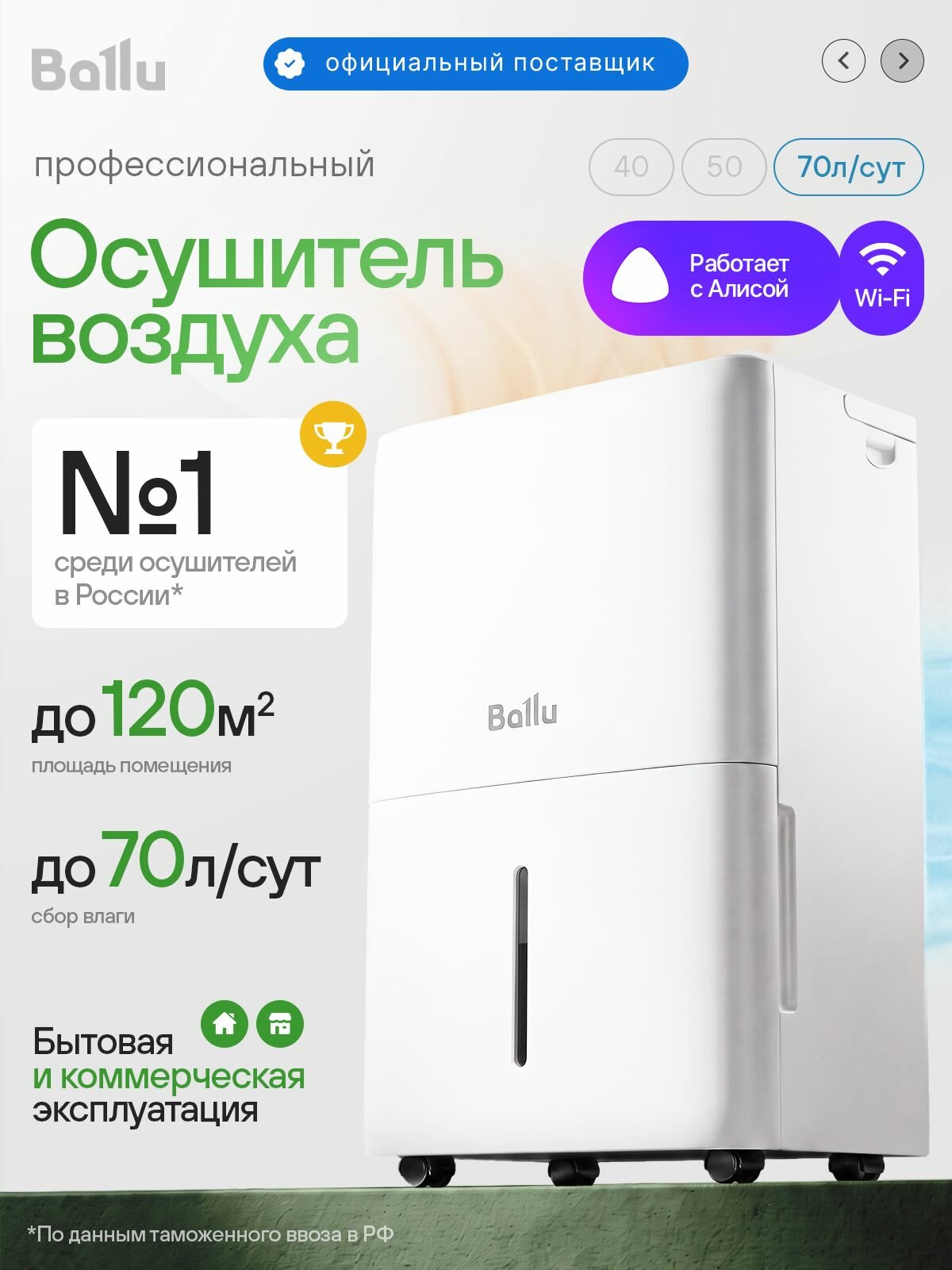 Осушитель воздуха Ballu Smart Duty Wi-Fi BD70T SD до 120м. кв, до 70 л. сут для квартиры дома подвала ванной гаража бассейна погреба
