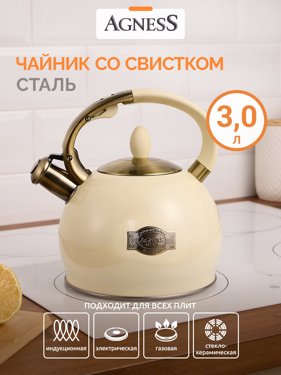 Чайник со свистком для газовой плиты эмалированный Agness 3 л с толстым дном, индукционный