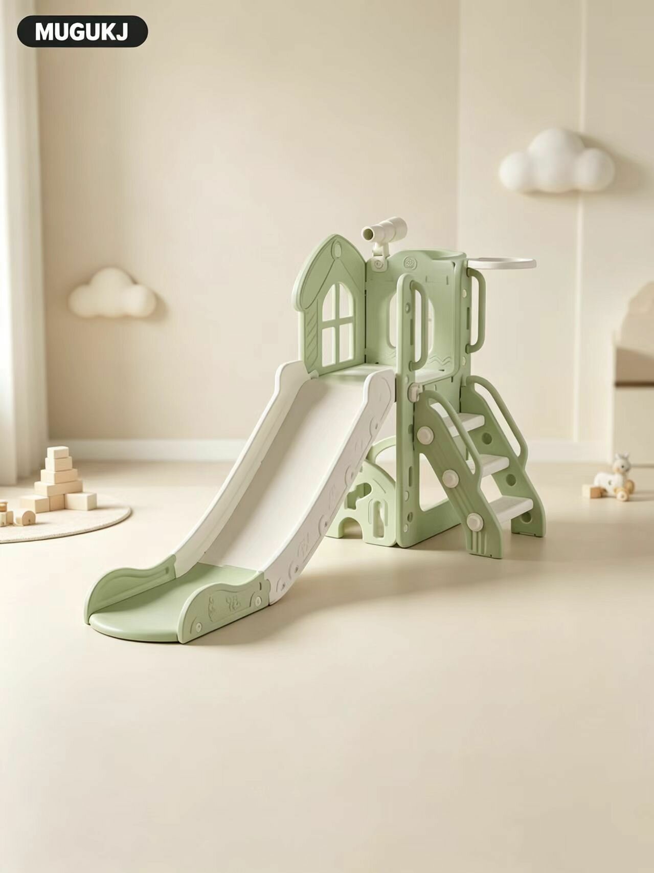 Горка детская многофункциональная для дома , HDPE, 160 см, с корзиной и хранением HDPE 160cm Горка детская для дома с баскетбольным кольцом, телескопом и ящиком для игрушек, 169 см