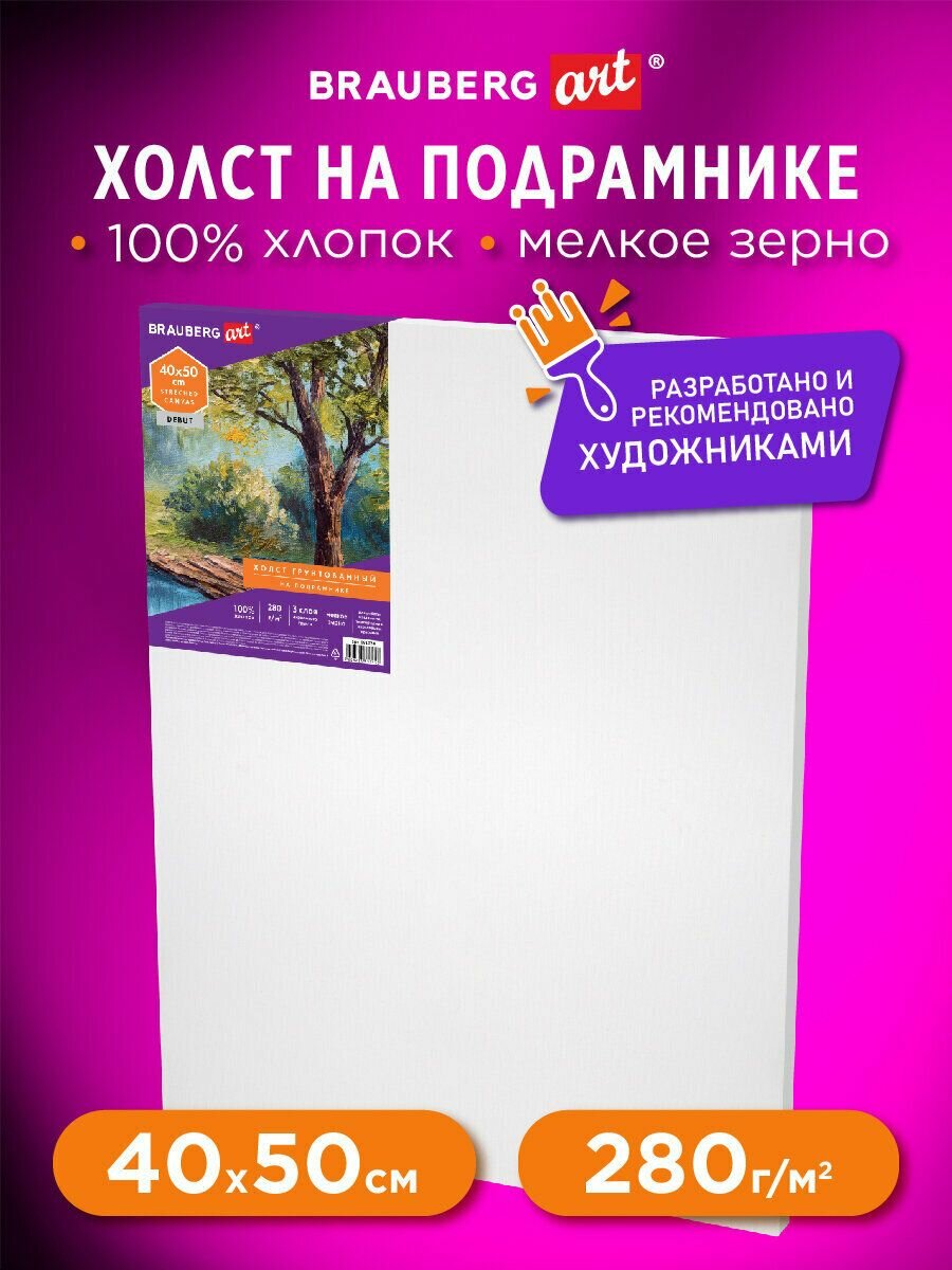 Холст/полотно на подрамнике для рисования из 100% хлопка, 40х50 см, грунтованный, мелкое зерно, для работы масляными, акриловыми и темперными красками, Brauberg ART Debut 40х50 хлопок грунтованный мелкое зерно для масла акрила темперы