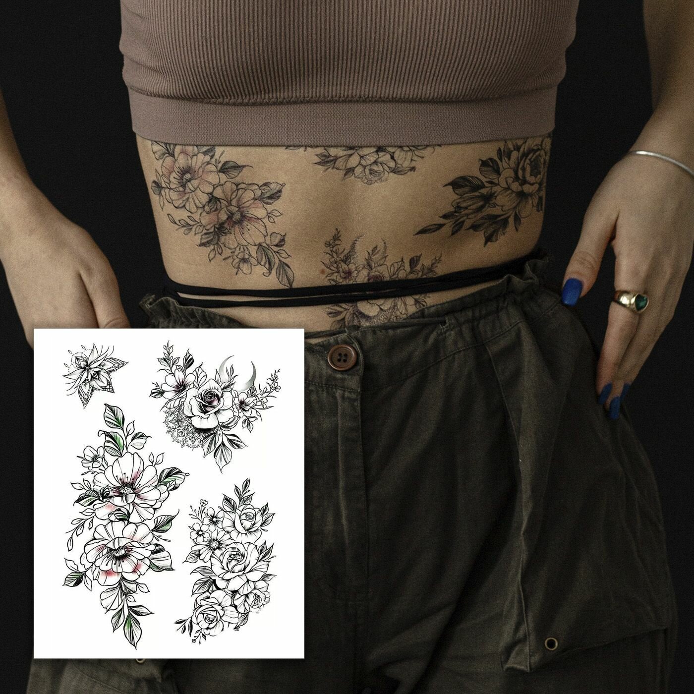 Tattoo'шки Временная тату "Набор цветов" 21*15см татуировка цветочная наклейка временная