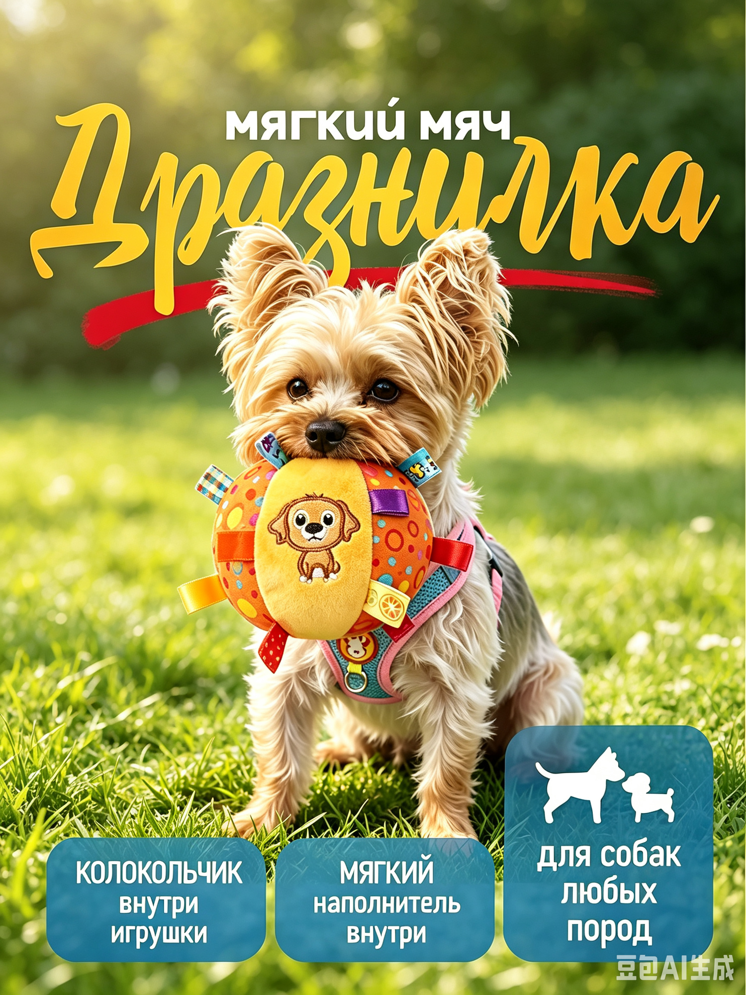 Игрушка для собак Мяч дразнилка / игрушка мягкая для мелких и средних пород. Размер 15 см, Цвет разноцветный