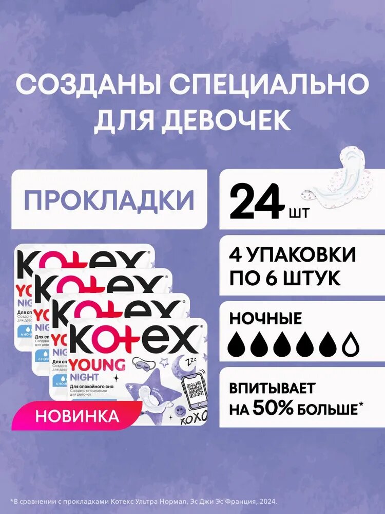 Прокладки Kotex Young ночные гигиенические для девочек-подростков, 24 шт