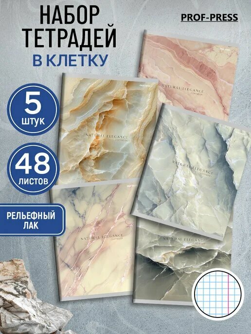 Набор тетрадей клетка 48л. Красивый мрамор (48-9889) твин-лак, 5 диз в спайке