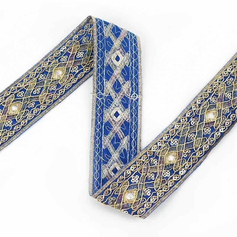 Кружевная тесьма Meetee 43 мм с вышивкой и пайетками DarkBlue, 43mm-2Yards