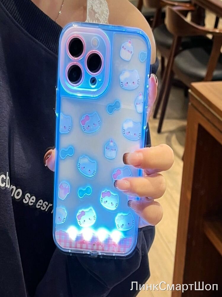 Светящийся чехол для iPhone 13 Pro с图案ом Hello Kitty и голубой подсветкой - яркий аксессуар для подарка