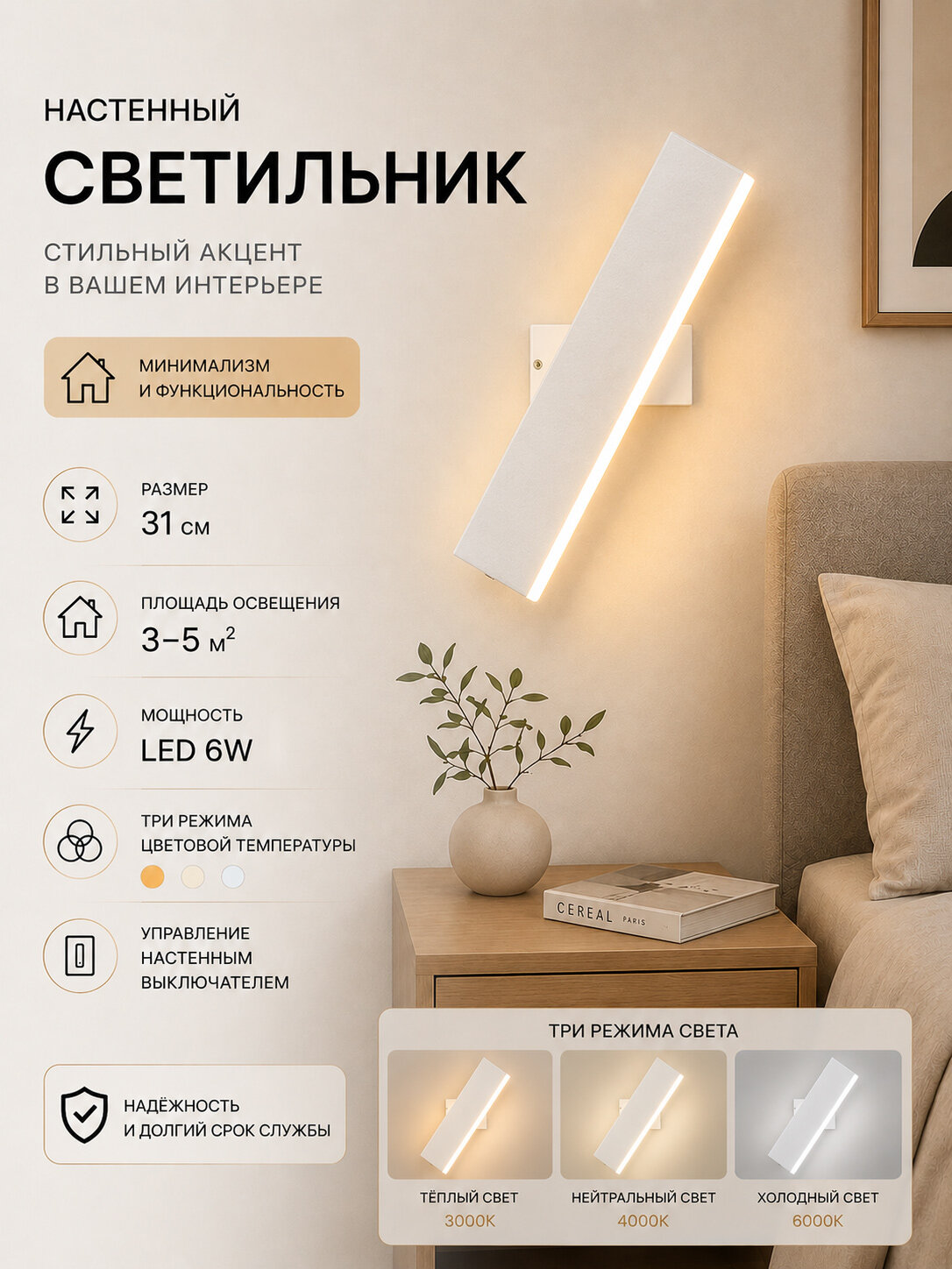 Настенный светильник LED 3 режима света|поворотный регулируемый бра|гостиной и коридора|белый цвет