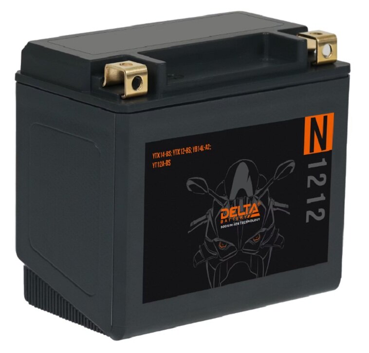 Аккумулятор для мотоцикла и скутера Delta N 1212 12V 12 А/ч (108Втч) 200 А прям. пол. заряжен Na-ion (150х87х130) Na+ YTX12-BS, YTX14-BS