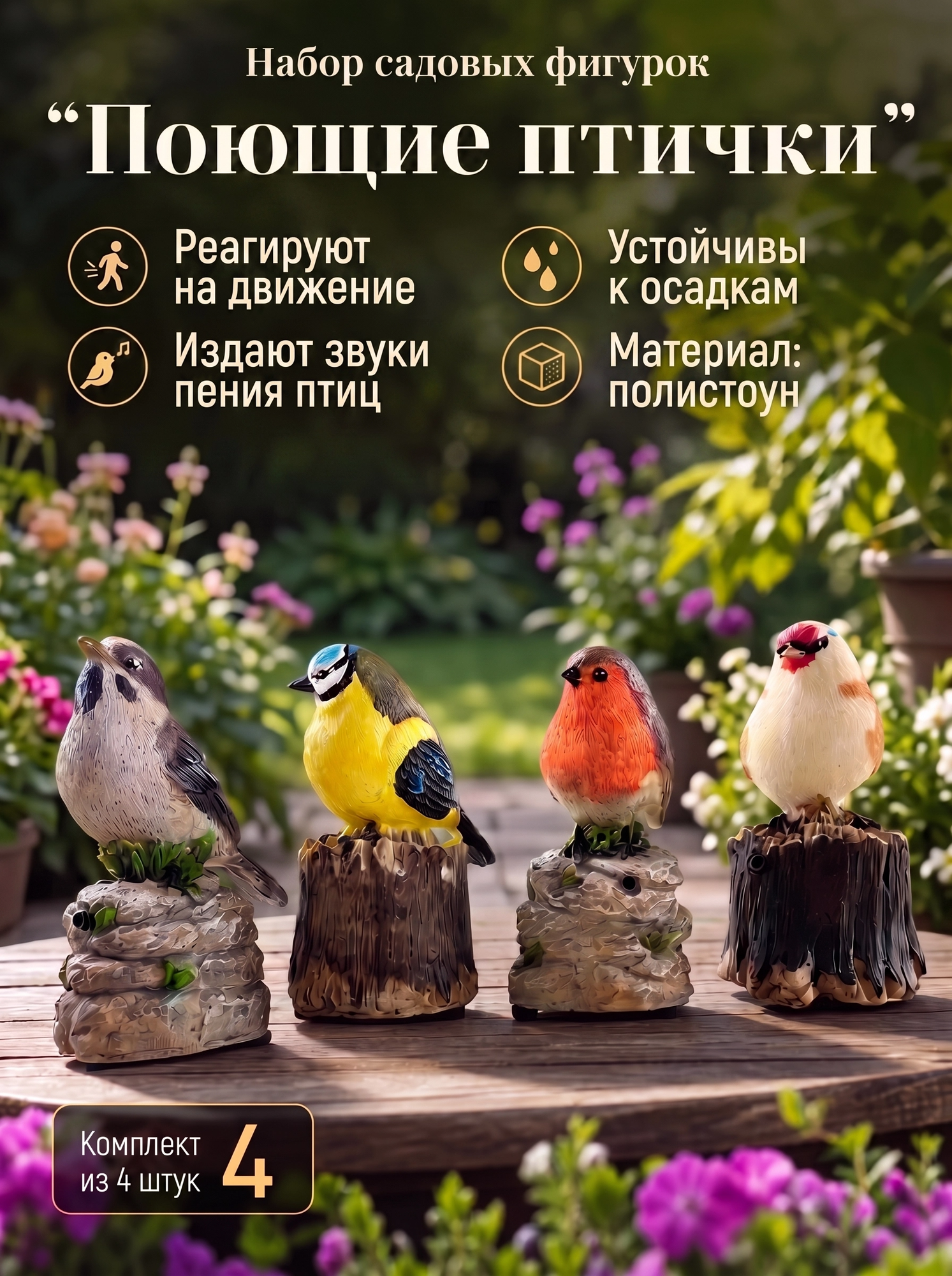 Набор реалистичных фигурок поющих птичек для сада из полистоуна 4 шт