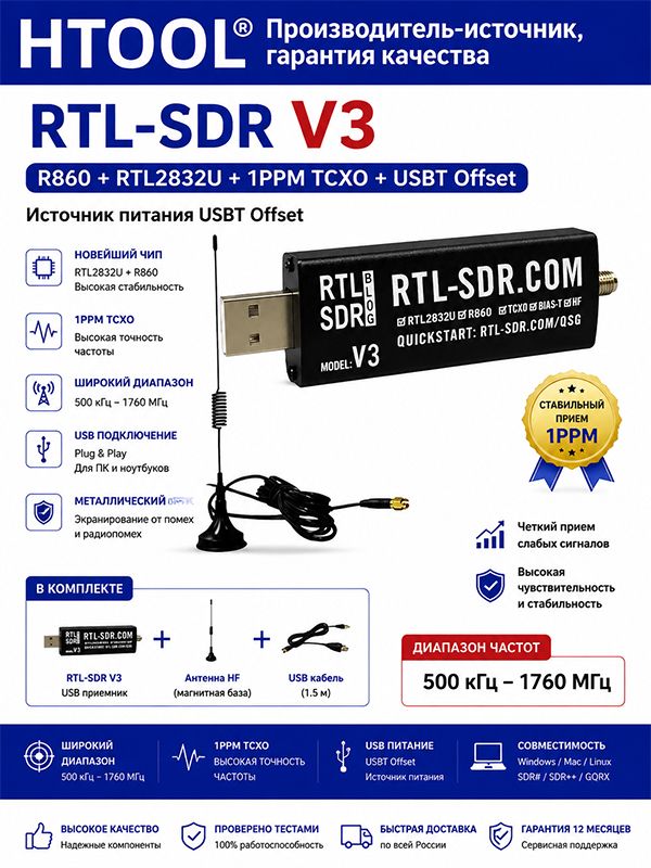 Приемник программно определяемого радио RTL-SDR Blog V3 R860 TCXO 500 КГц-1,7 ГГц SMA