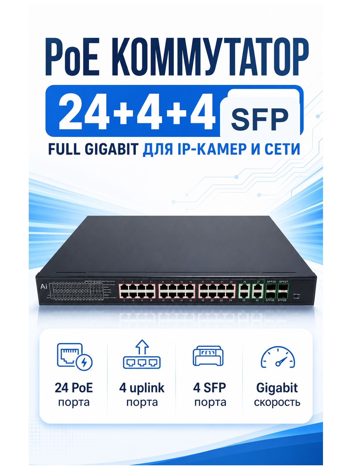 Коммутатор POE 24G44GB на 24 портов Full Gigabit (24+4+4 SFP) - POE RJ45 Порт: 24*10/100/1000 Мби