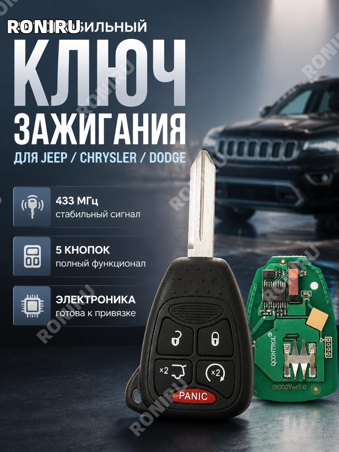 Пульт-ключ OHT692427AA 433 МГц, 5 кнопок, для Jeep, Chrysler, Dodge