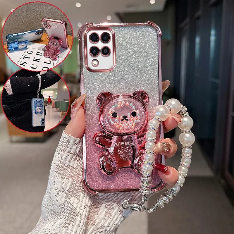 Розовый чехол Samsung Galaxy A12 с медведем и цепочкой