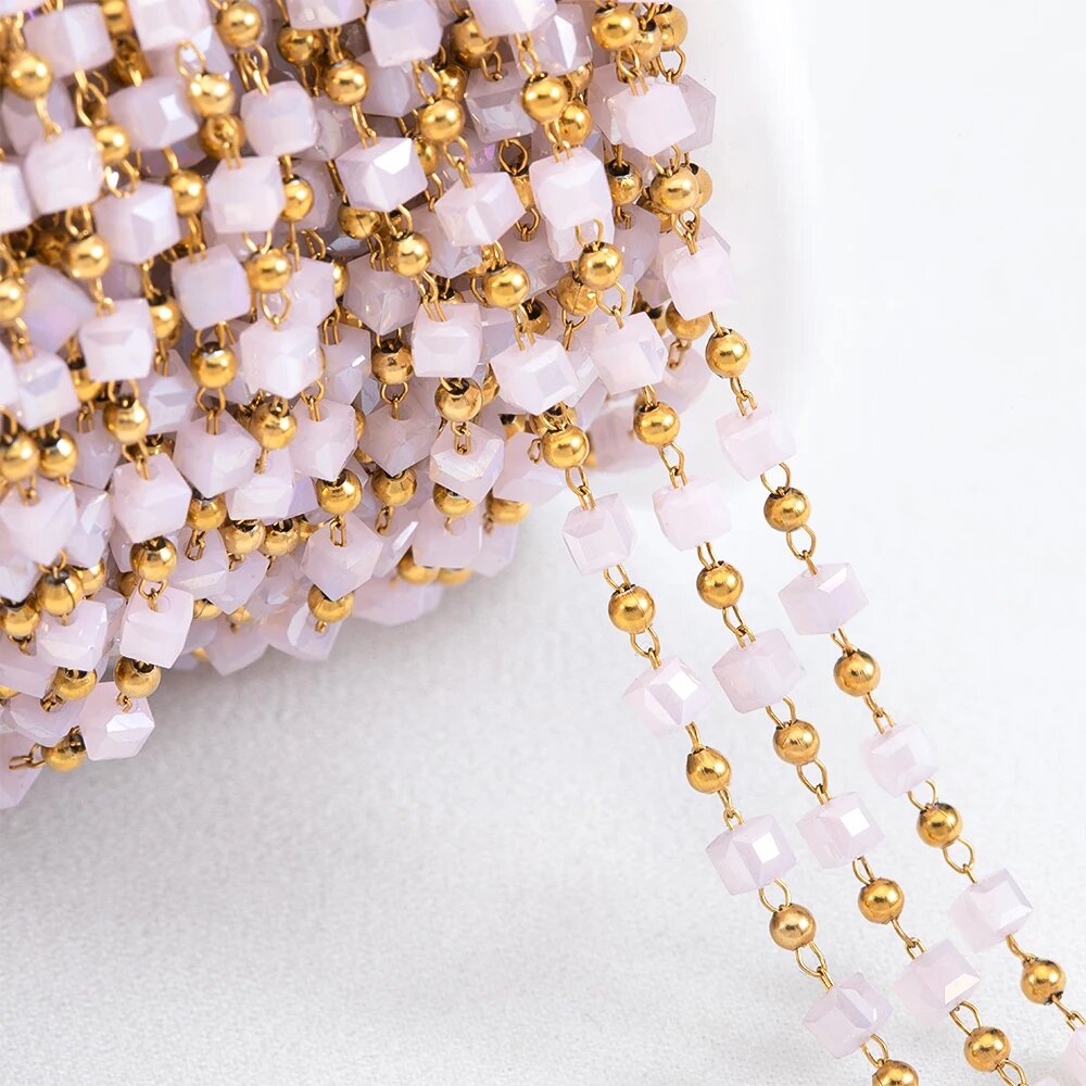 Цепочка из нержавеющей стали с зелеными кристаллами MINGXUAN 1 метр Pink-Gold Color