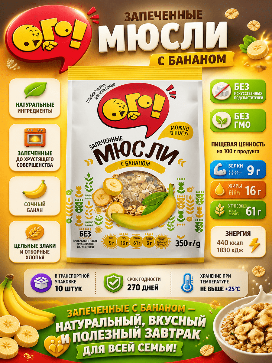 Мюсли Ого! запеченные с бананом, 350г x 10 шт