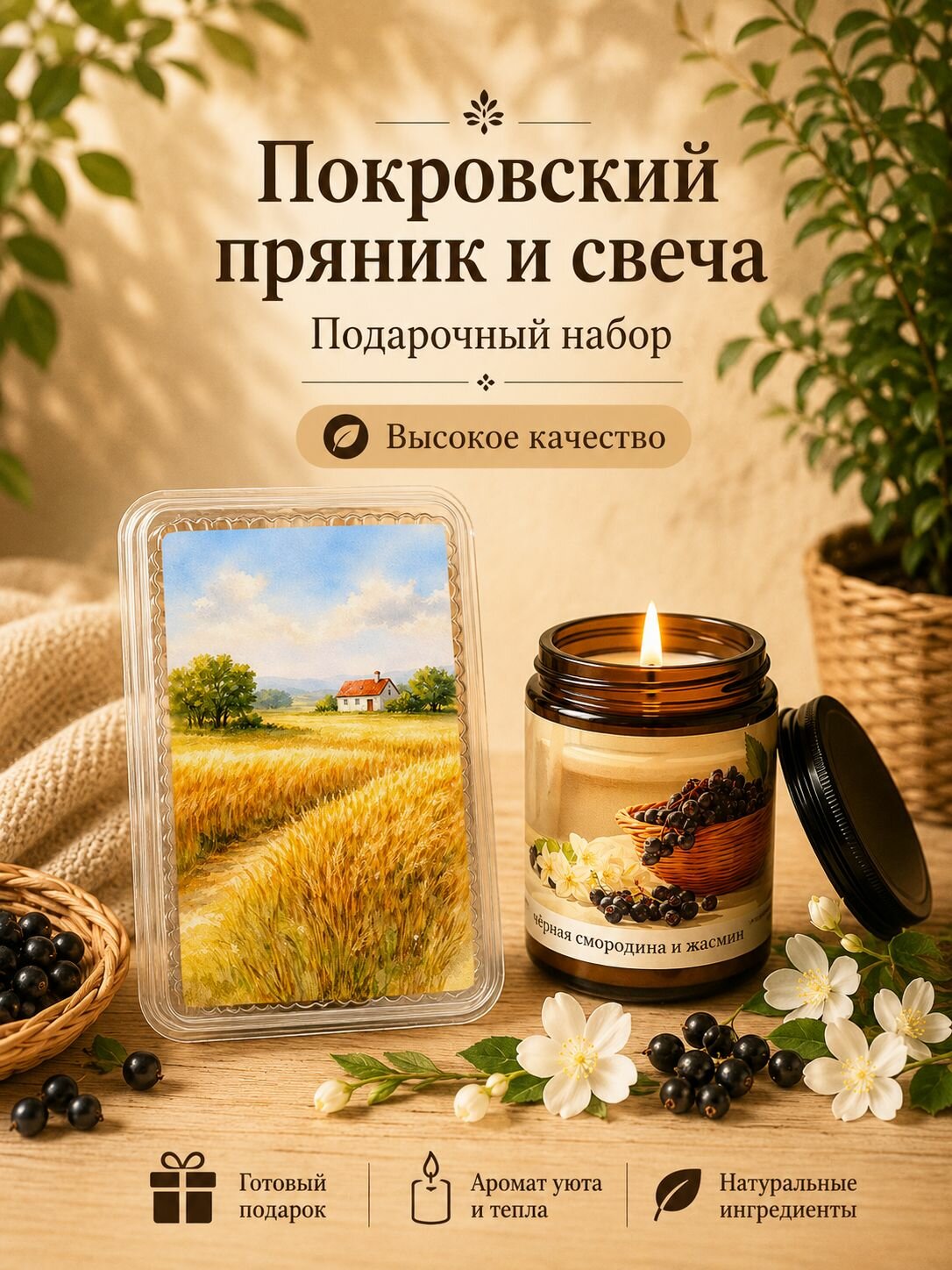Подарочный набор: покровский пряник 140 гр и ароматическая свеча 190 гр