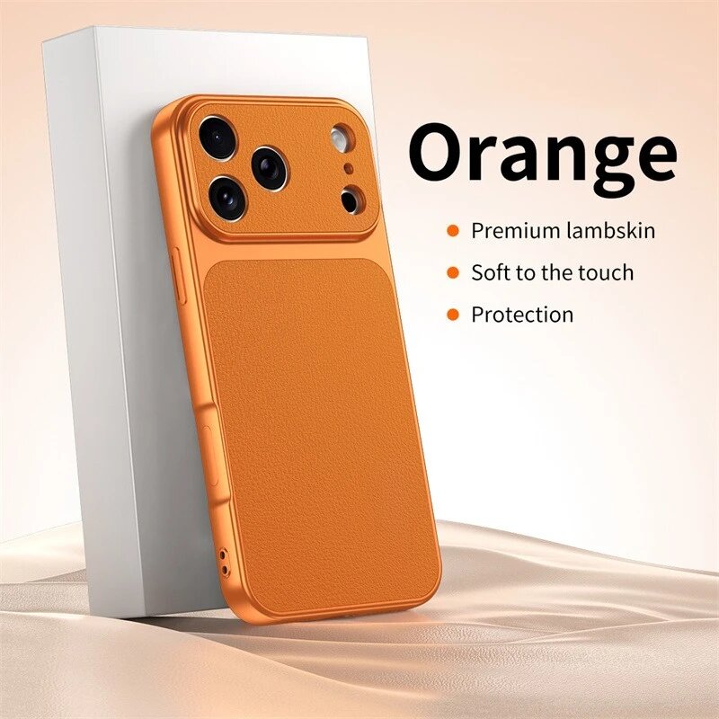 Кожаный чехол с большим окном для камеры для iPhone 17 Air, 17E, 16, Айфон 16, Оранжевый, Orange