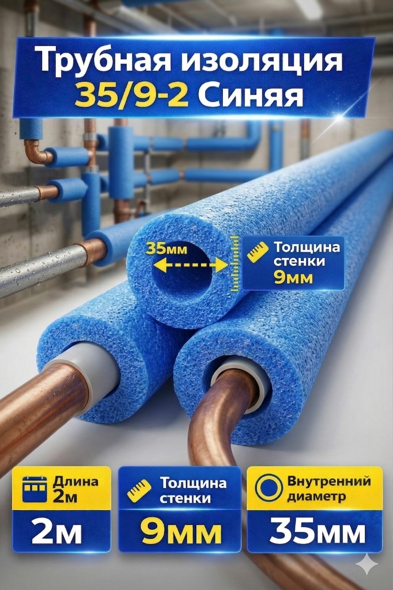 Трубная изоляция из вспененного полиэтилена 35x9 мм, 2 м, синяя, для труб отопления, водоснабжения и кондиционирования, теплоизоляция ППЭ