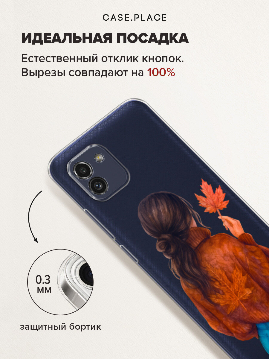 Чехол на Samsung Galaxy A03 / Самсунг Галакси А03 с принтом "Девушка с опавшим листом", прозрачный — фото 1