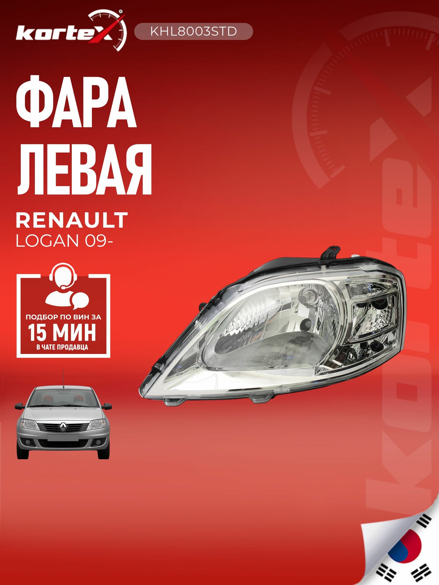 Фара левая под корректор Рено Логан, Renault Logan 1е поколение. Рестайлинг (фаза 2) 2009-2012 VAZ Lada Largus 2012 - 2021