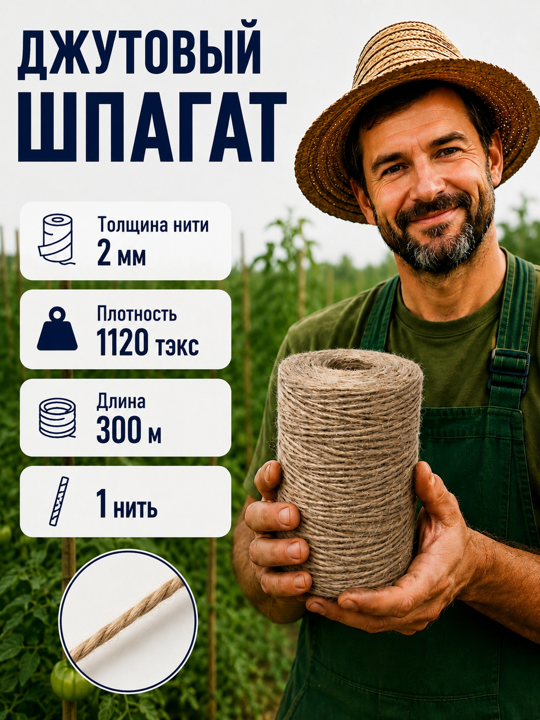 Шпагат джутовый 300м x 2мм бечевка веревка, джут для рукоделия, пряжа, для подвязки растений