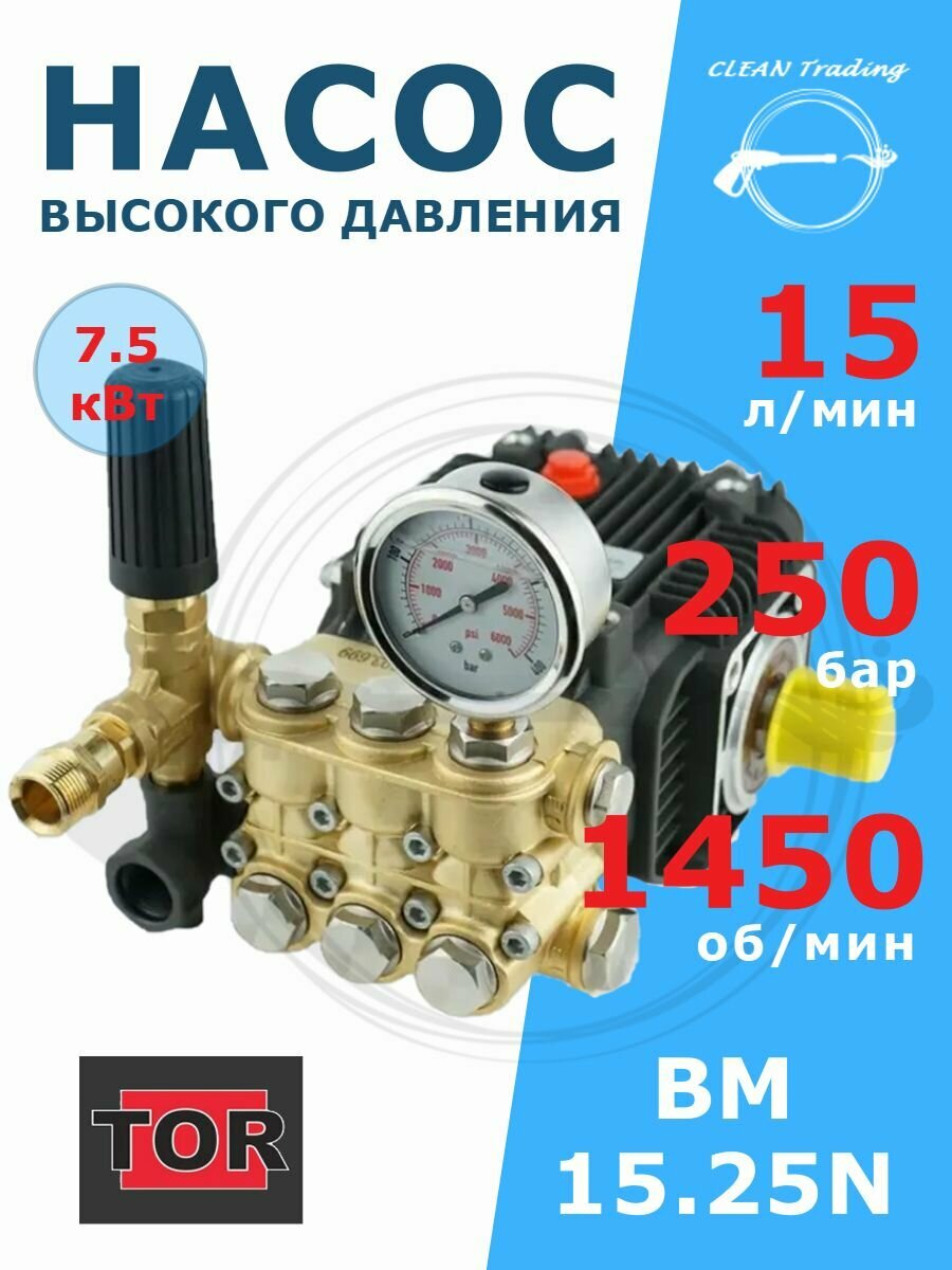 TOR Насос высокого давления BM 15.25 N-1 с регулятором давления и манометром, 250 бар, 15 л/мин, 7,5 кВт. Насос для автомойки