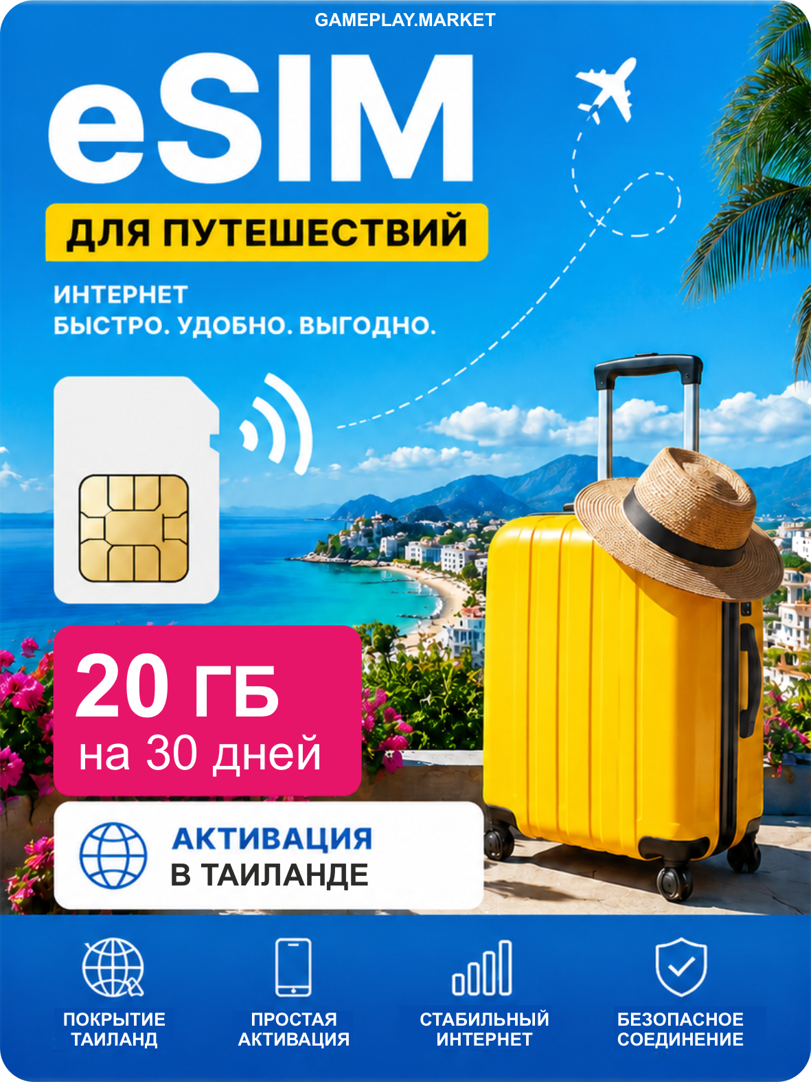 ESIM для интернета в Таиланде 20 ГБ на 30 дней / Виртуальная сим-карта для Таиланда