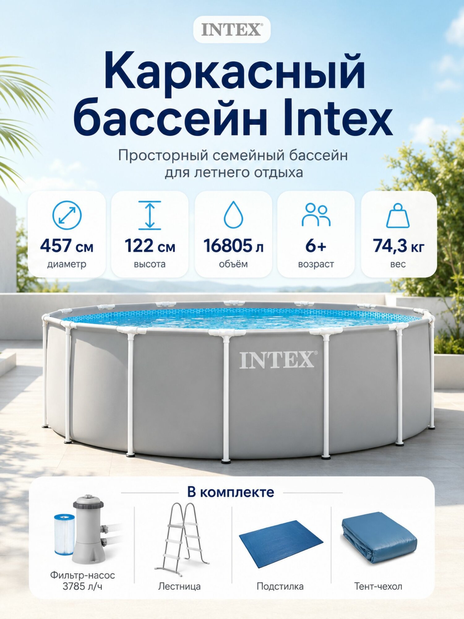 Каркасный бассейн Intex Prism Frame / 26726NP (457x122) + фильтр-насос, картриджный фильтр