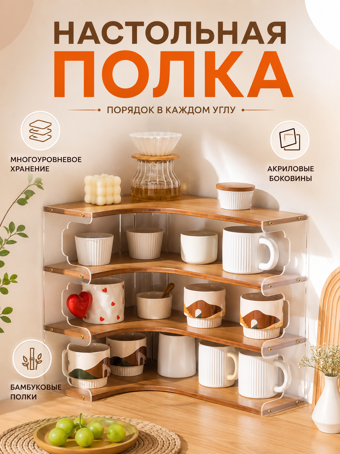 Угловая настольная полка многоуровневая бамбуково-акриловая органайзер для кружек, чашек, декора