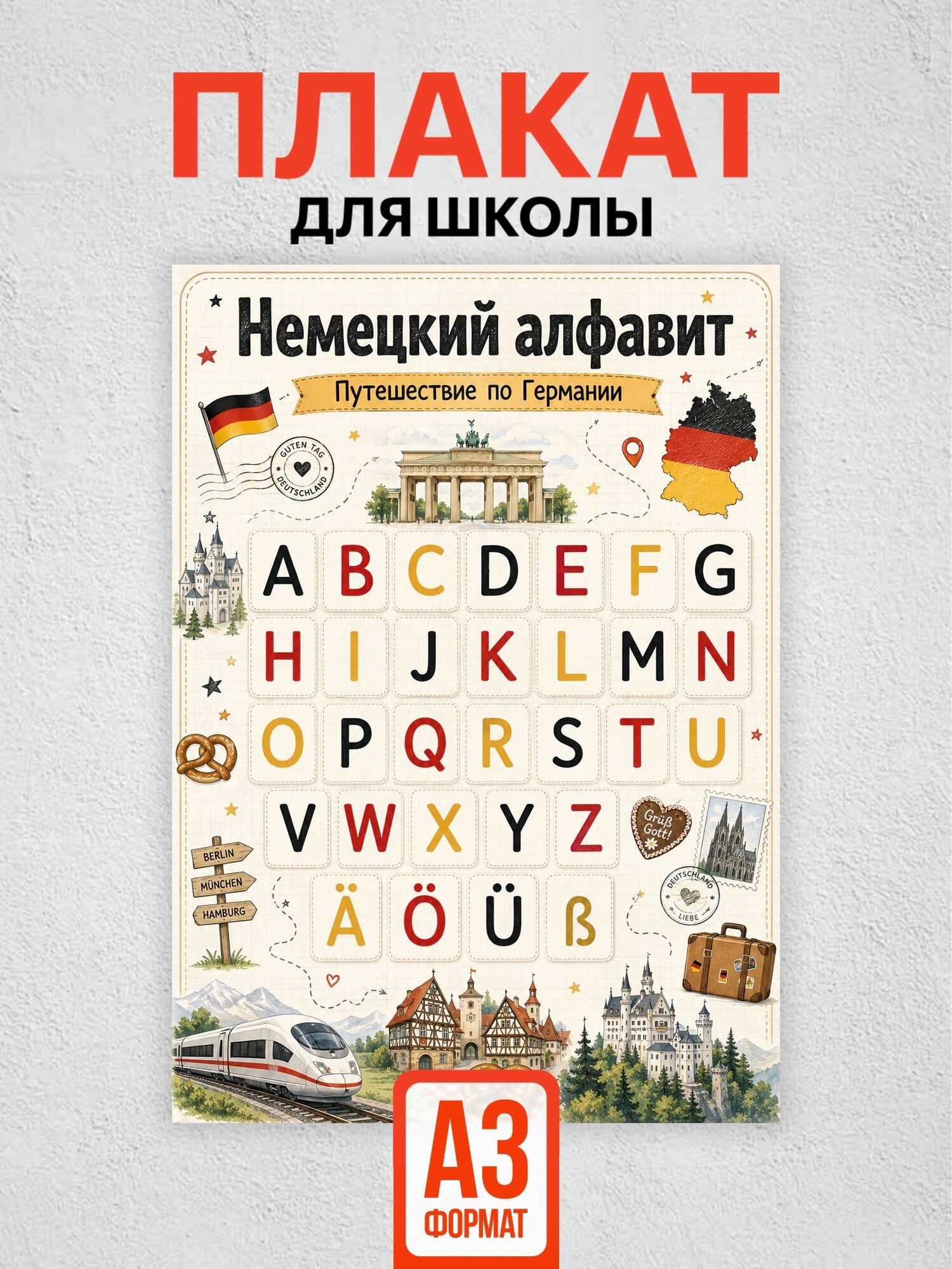 Плакат немецкий алфавит, для школы, в класс
