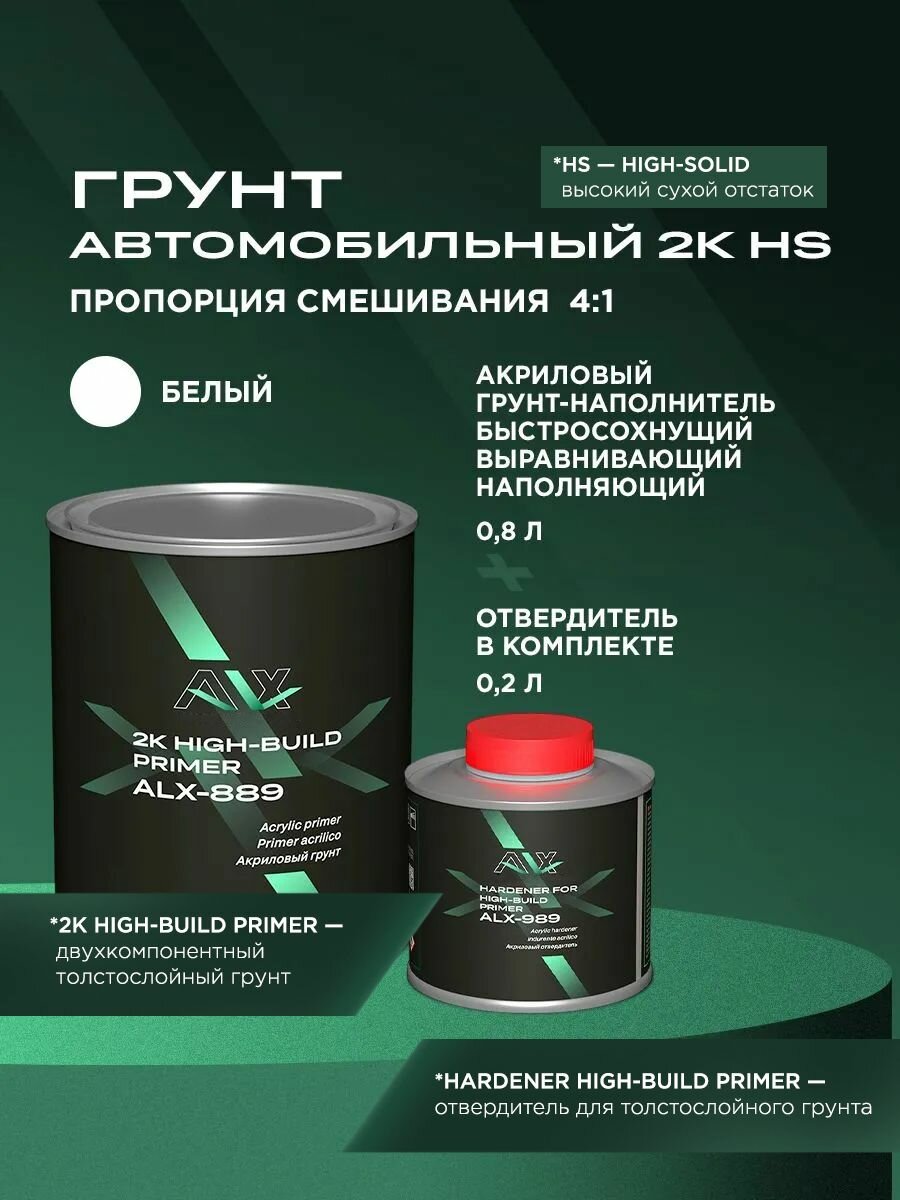 Грунтовка для автомобиля акриловая 2K HS 4:1 белая 0,8 л + 0,2 л отвердитель, грунт акриловый автомобильный наполнитель, автогрунтовка ALX