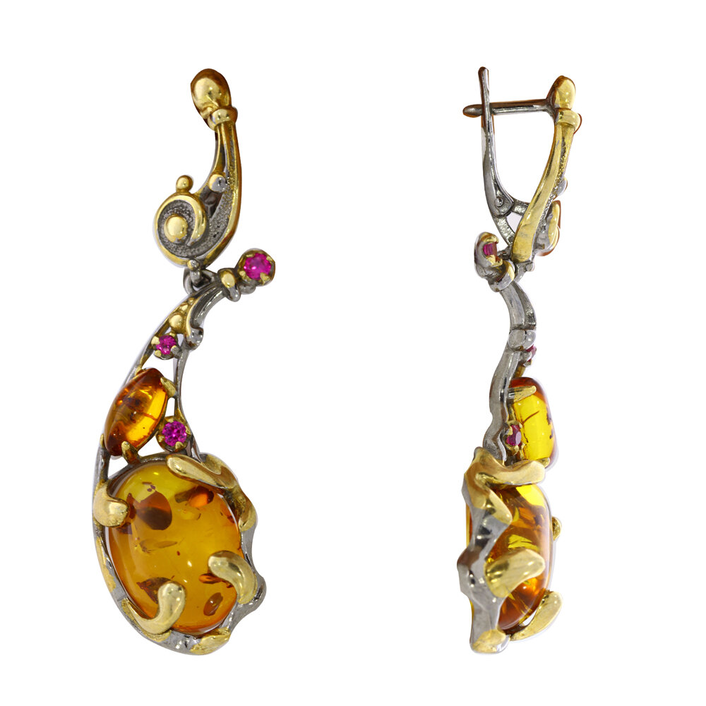 Серьги, серебро, 925 проба, золочение, янтарь, фианит