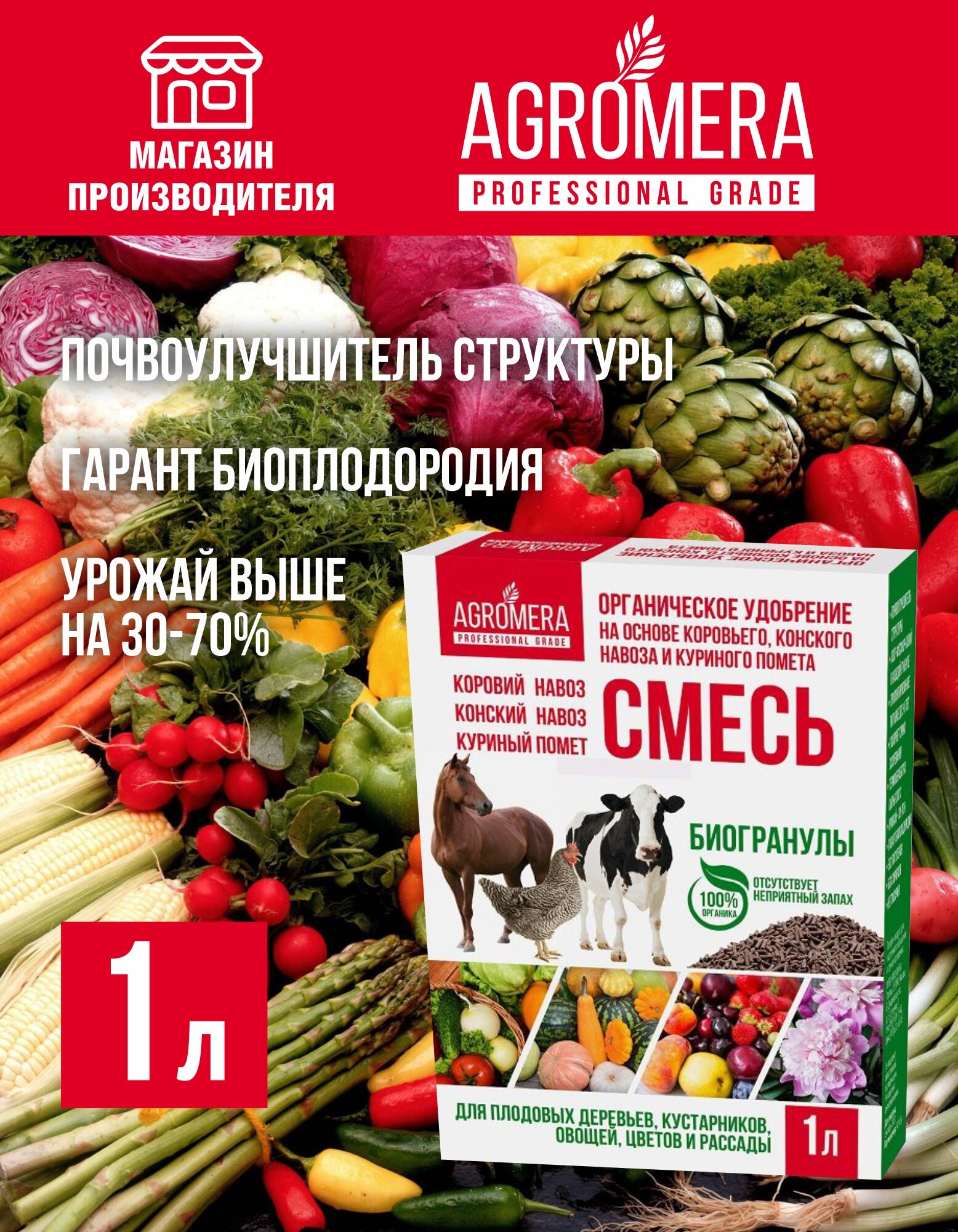 Органическое удобрение - смесь навозов в гранулах для всех видов растений 1л