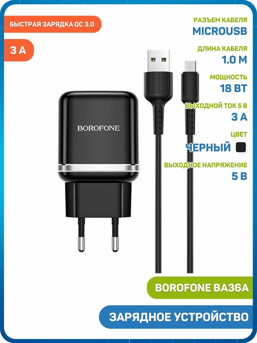Сетевое зарядное устройство (СЗУ) Borofone BA36A QC 3.0 (USB) + кабель MicroUSB, 18 Вт/3 А, черный