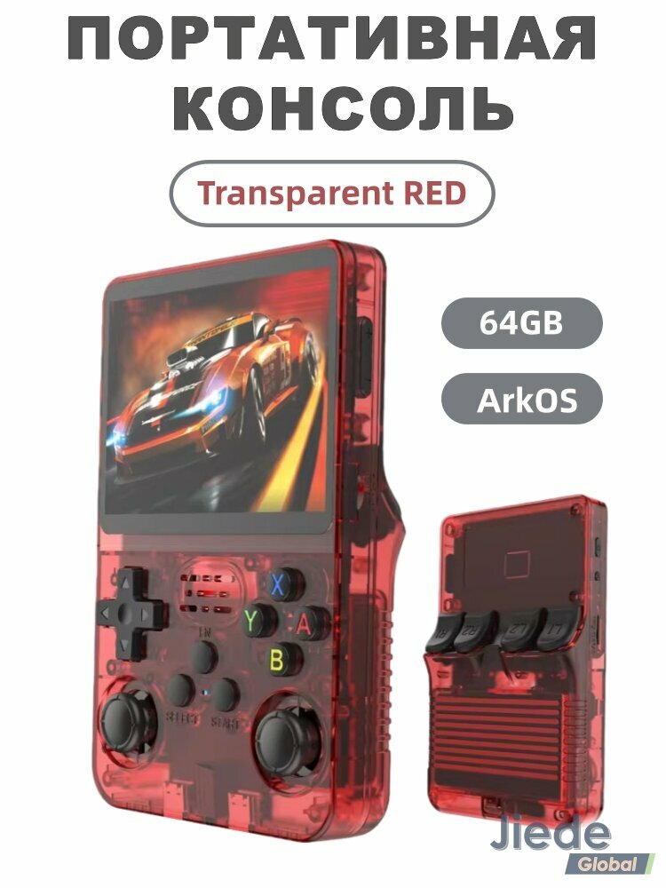 Портативная игровая консоль R36S, 3,5-дюймовый IPS-экран, 64 ГБ, стиле ретро, система Arkos, Прозрачный красный
