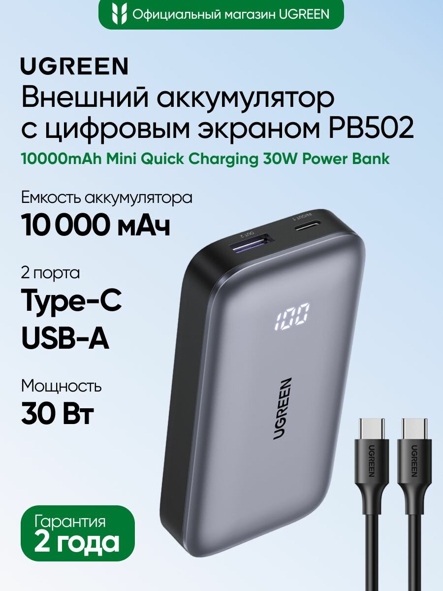 Повербанк UGREEN PB502 (25185) 10000mAh Mini Quick Charging 30W Power Bank 30W с цифровым экраном. Цвет: серый