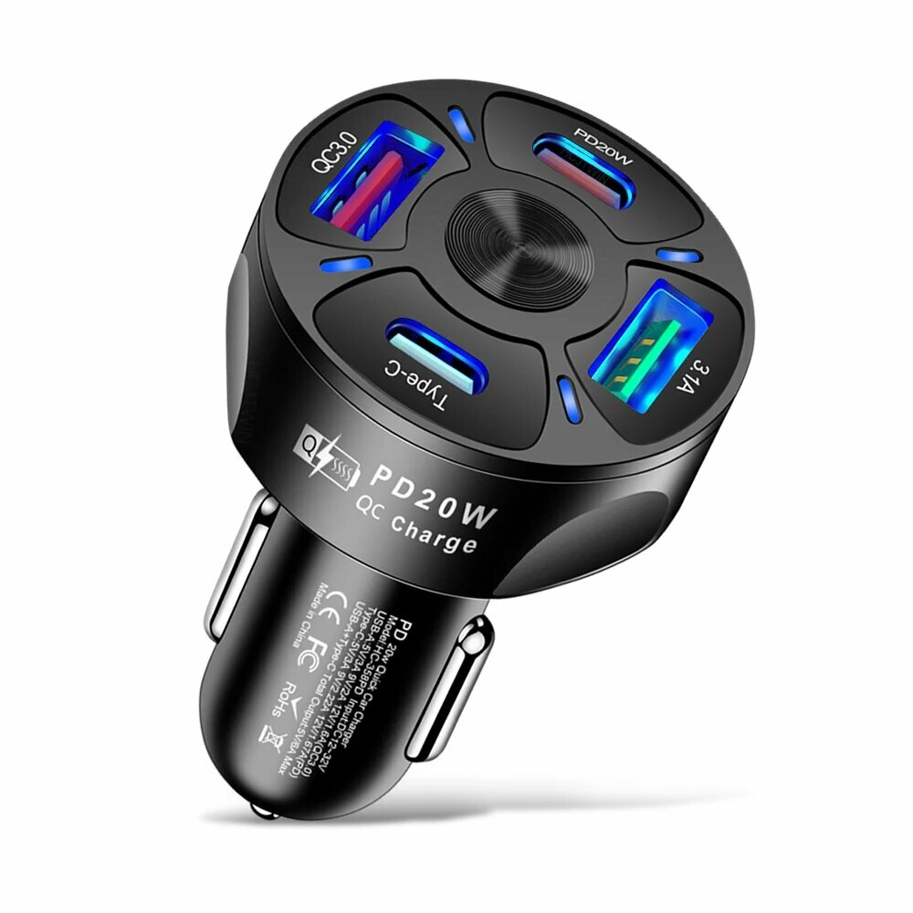 Автомобильное зарядное устройство с 4 USB-портами и поддержкой быстрой зарядки, 20 Вт Black