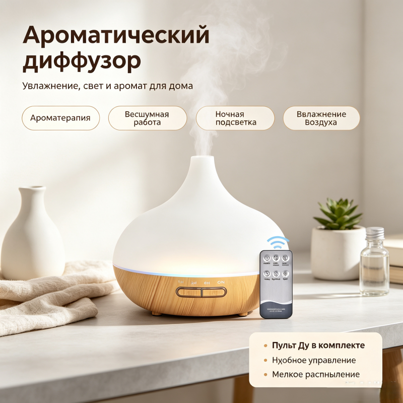 Деревянный арома диффузор с пультом, бесшумный увлажнитель 550 мл, таймер, автоотключение при отсутствии воды