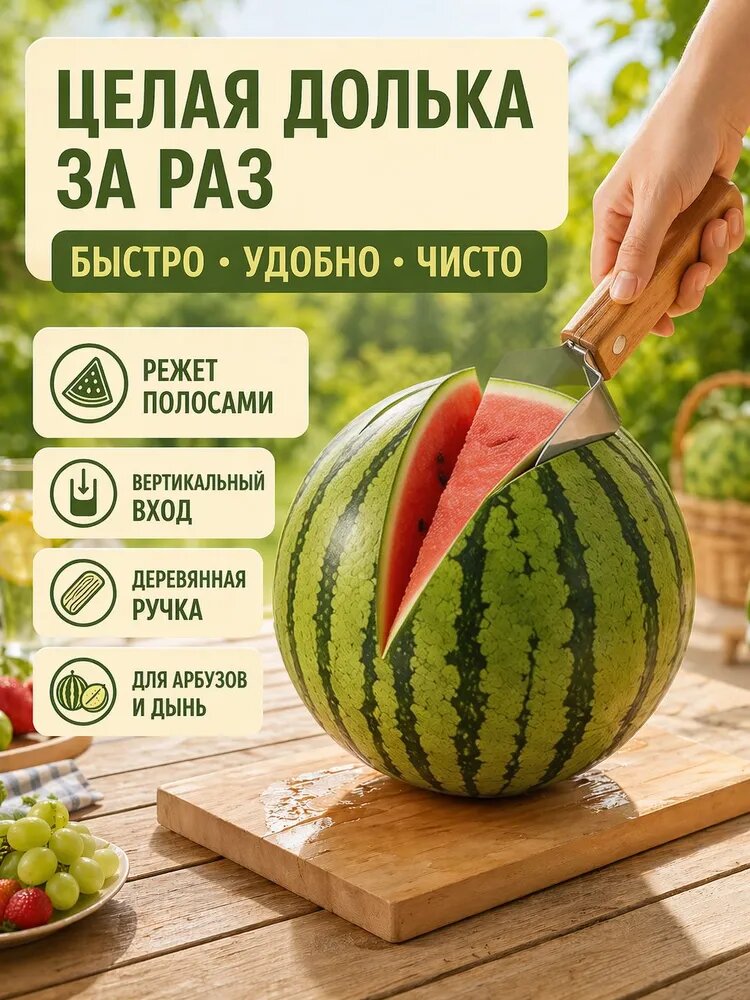 Нож для резки арбуза дольками, треугольный, из нержавейки, с деревянной ручкой