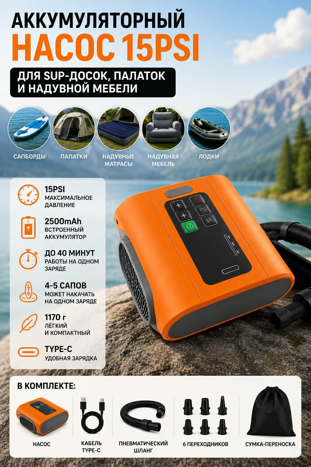 Аккумуляторный насос 15PSI для Sup-досок, палаток и надувной мебели