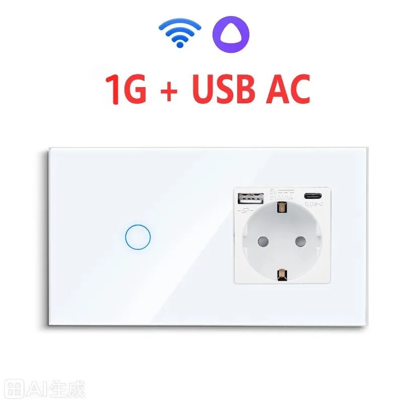Умный выключатель двухклавишный Wi-Fi с розетка с usb type-c,2клавиша ,2пост (2G+1F) стекло 157х86 мм , белый