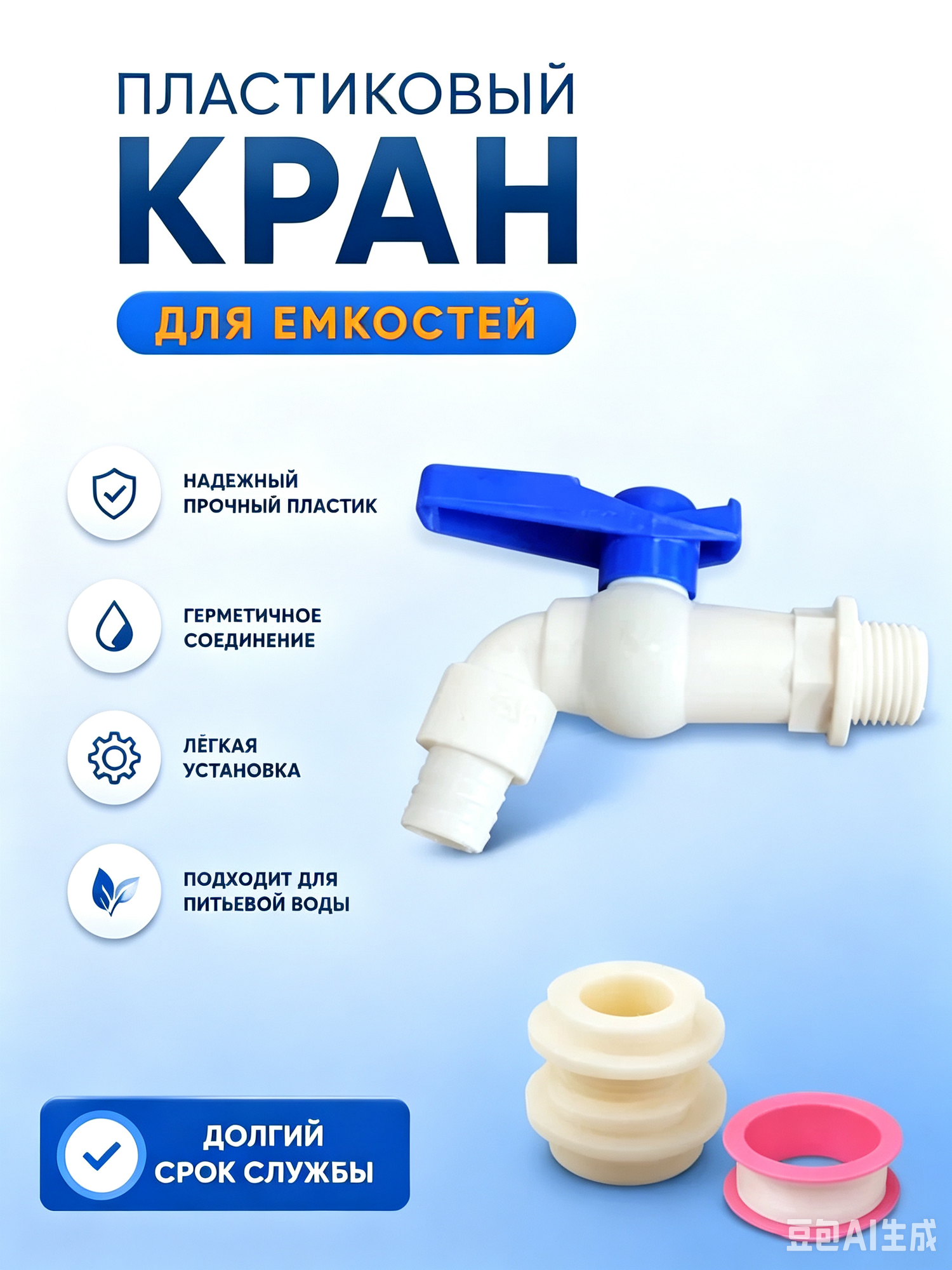 Кран для бочек и баков, выход 16 мм, монтажное отверстие 28 мм, комплект для дома, дачи и стройки