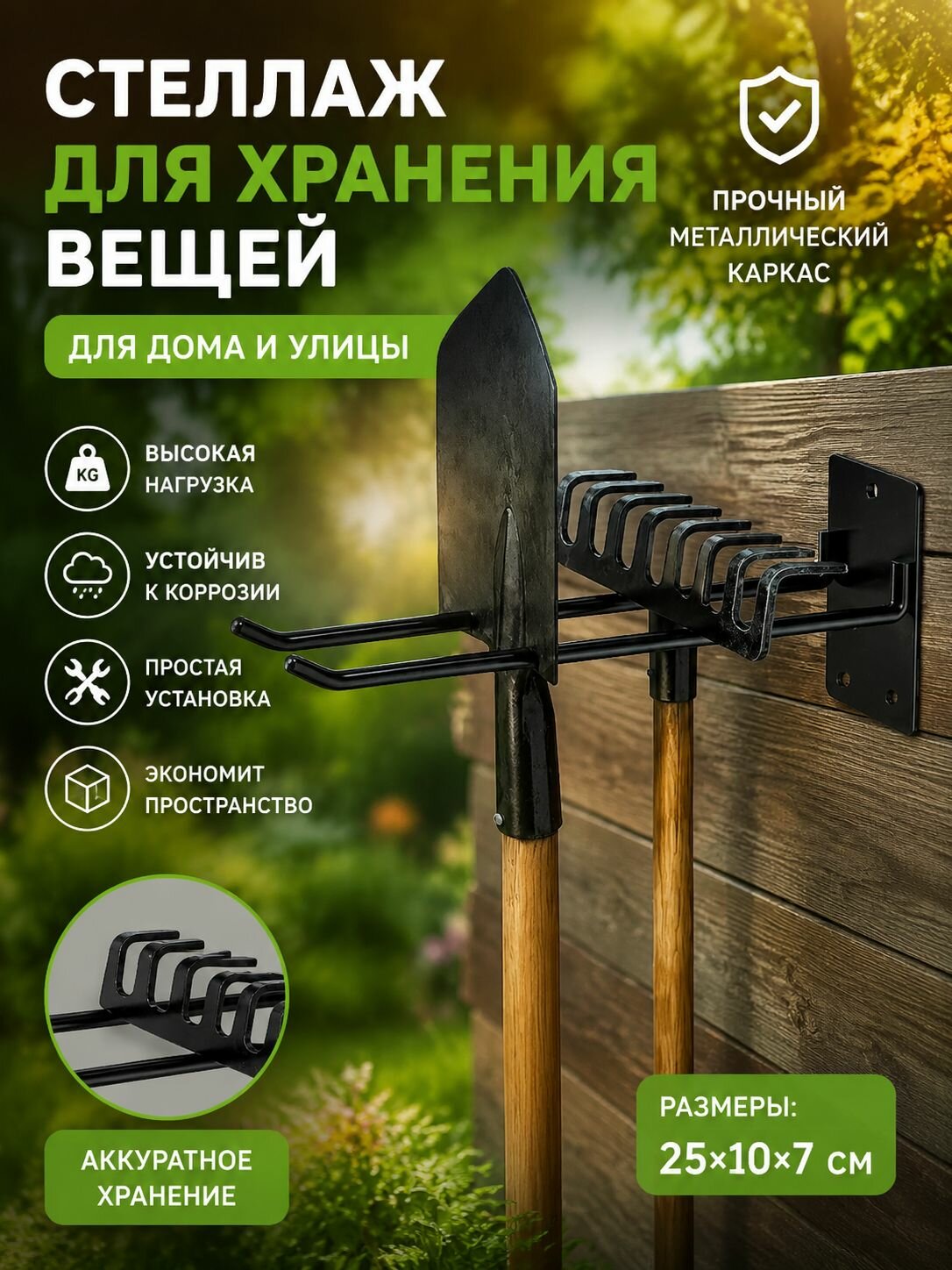 Стеллаж для хранения садовых инструментов прочный металлический каркас, для дома и улицы Размеры 25x10x7 см