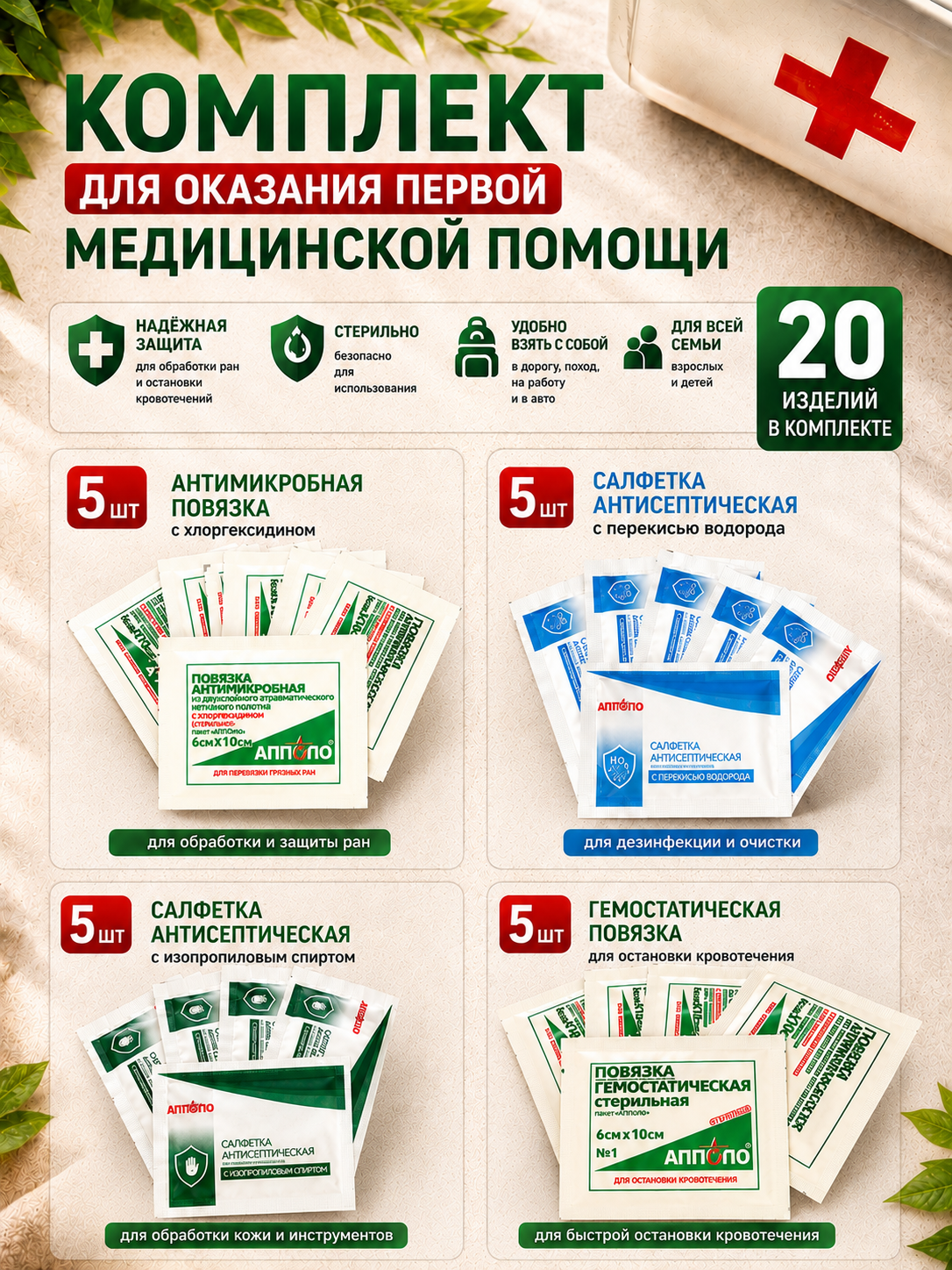 Набор первой помощи апполо, салфетки антисептические и антимикробные и гемостатическая повязки 20 шт.