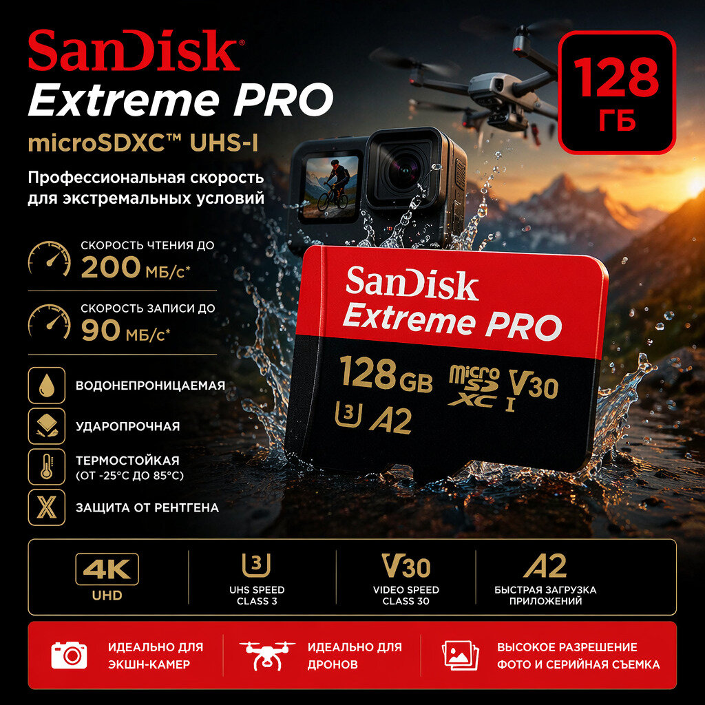 Карта памяти SanDisk Extreme Pro microSDXC 128 ГБ Class 10, V30, A2, UHS-I U3, R 160 МБ/с, адаптер на SD, черный/красный