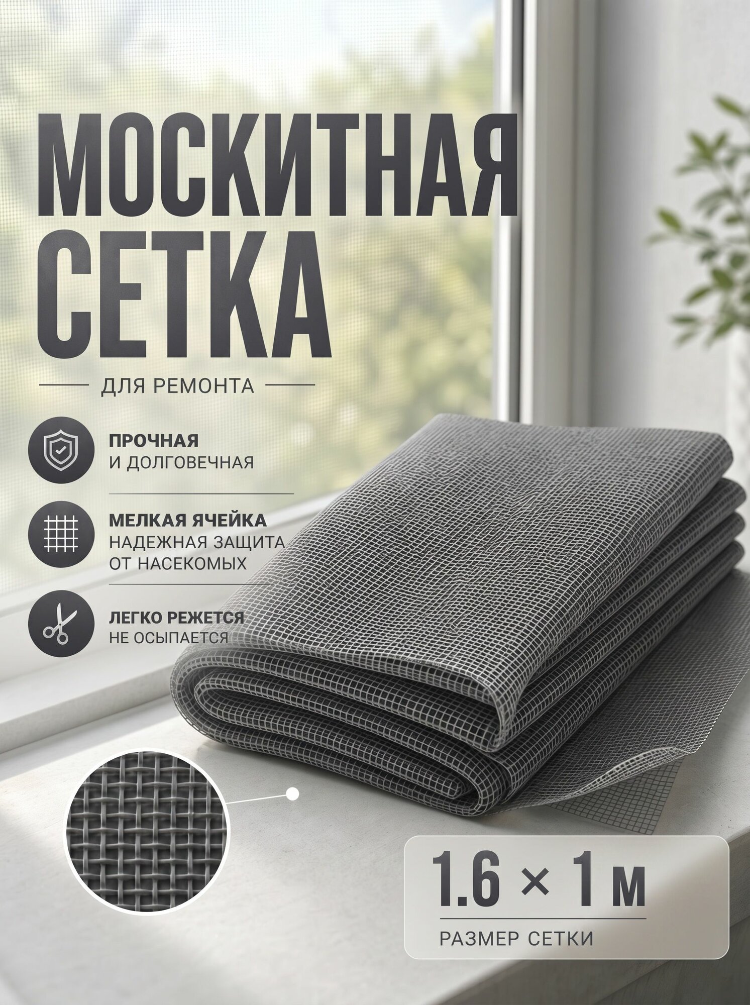 Полотно москитной сетки для самостоятельного ремонта, размер 1.6х1м