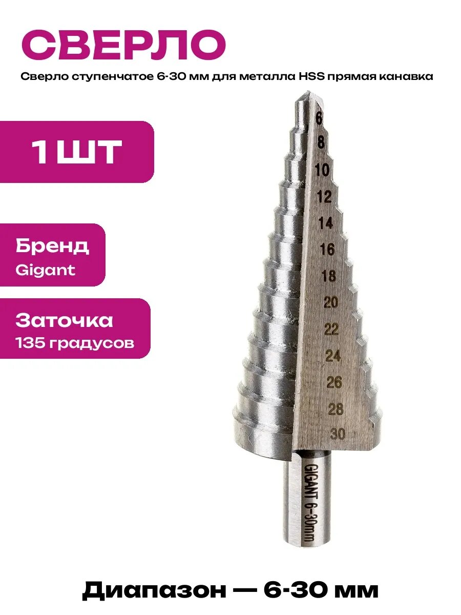 Сверло ступенчатое 6-30 мм шаг 2 мм для тонкой стали