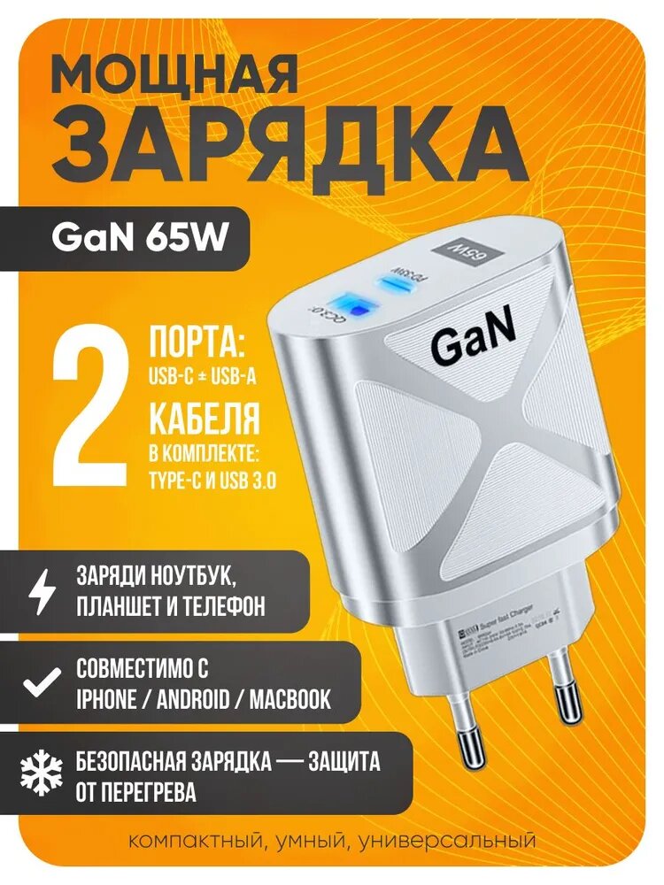Быстрая зарядка для телефона GaN 65W с двумя проводами в комплекте, зарядное устройство для телефона, адаптер питания для Android и iPhone