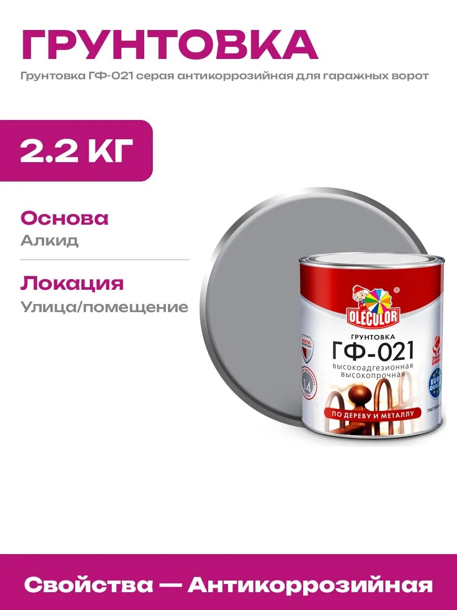 Грунтовка адгезионная серая ГФ 021 для наружных работ 2.2 кг