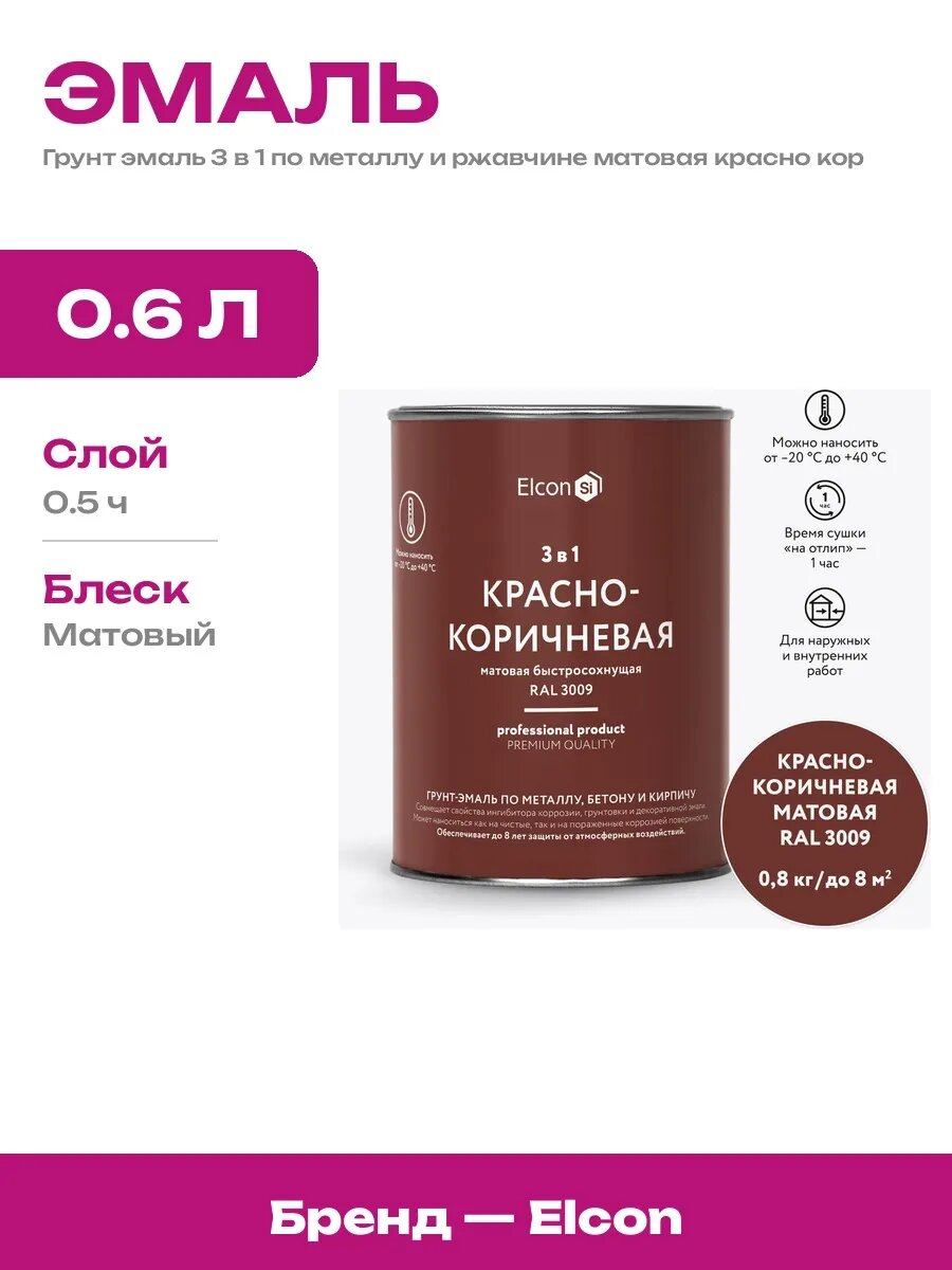Краска по металлу и ржавчине 3 в 1 матовая красно коричневая